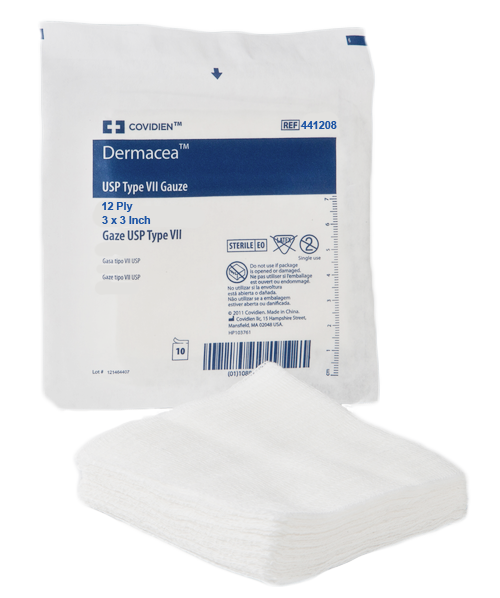 Covidien 441208 Dermacea USP Type VII 3 x 3 inch Gauze Sponge 12 Ply